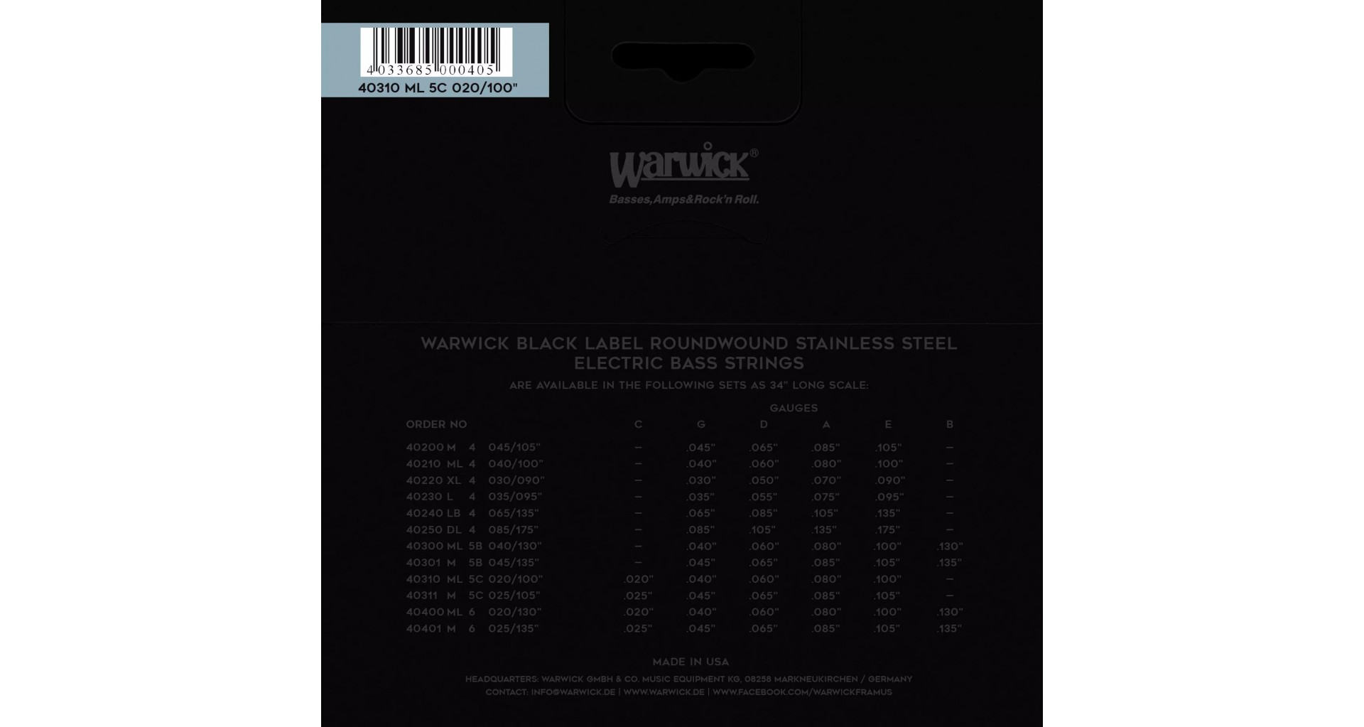 Warwick Black Label Bass String Set Stainless Steel Medium Light .020 ...